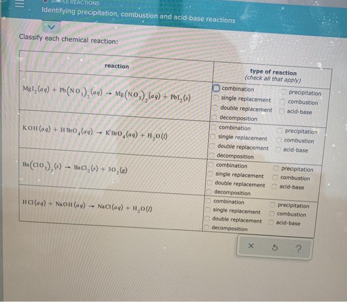 Solved Reactions Identifying Precipitation Combustion And