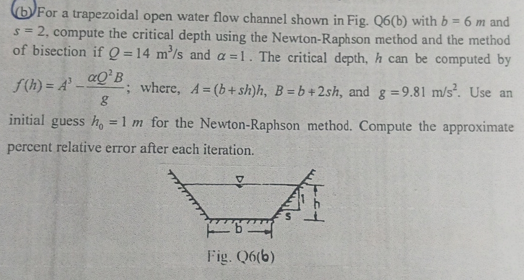 Solved (b) ﻿For a trapezoidal open water flow channel shown | Chegg.com