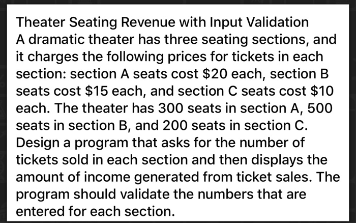 Solved Theater Seating Revenue with Input Validation A | Chegg.com