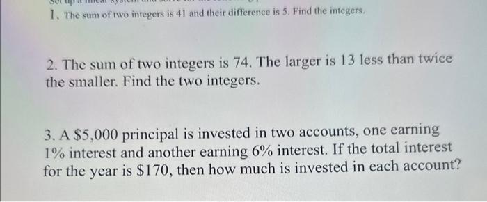 Solved 1. The sum of two integers is 41 and their difference | Chegg.com
