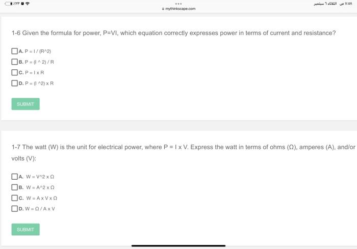 Solved 1-6 Given the formula for power, P=VI, which equation | Chegg.com
