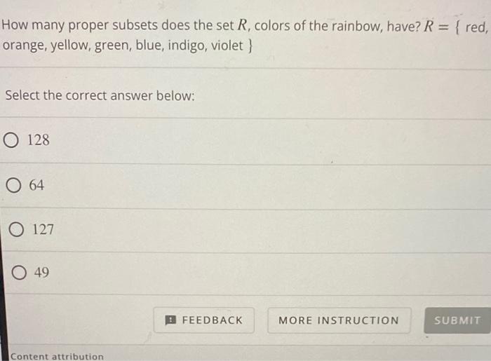 Solved How many proper subsets does the set R, colors of the | Chegg.com