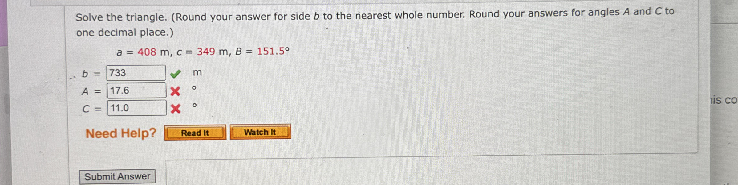 Solved Solve the triangle. (Round your answer for side b ﻿to | Chegg.com