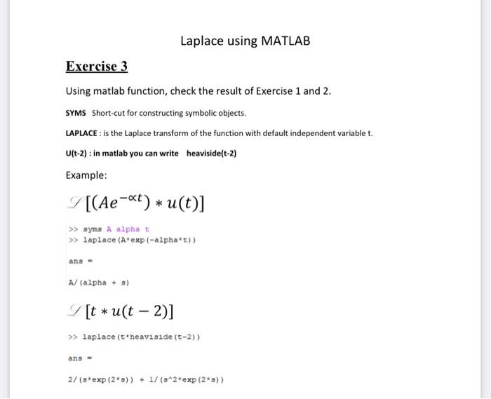 Solved Laplace using MATLAB Exercise 3 Using matlab | Chegg.com