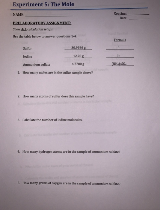 Solved Experiment 5: The Mole NAME: Section: Date: | Chegg.com