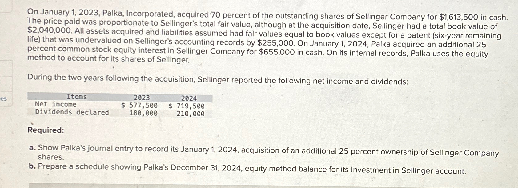 Solved On January 1, 2023, ﻿Palka, Incorporated, acquired 70 | Chegg.com