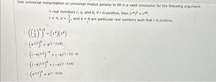 Solved Use universal instantiation or universal modus ponens | Chegg.com