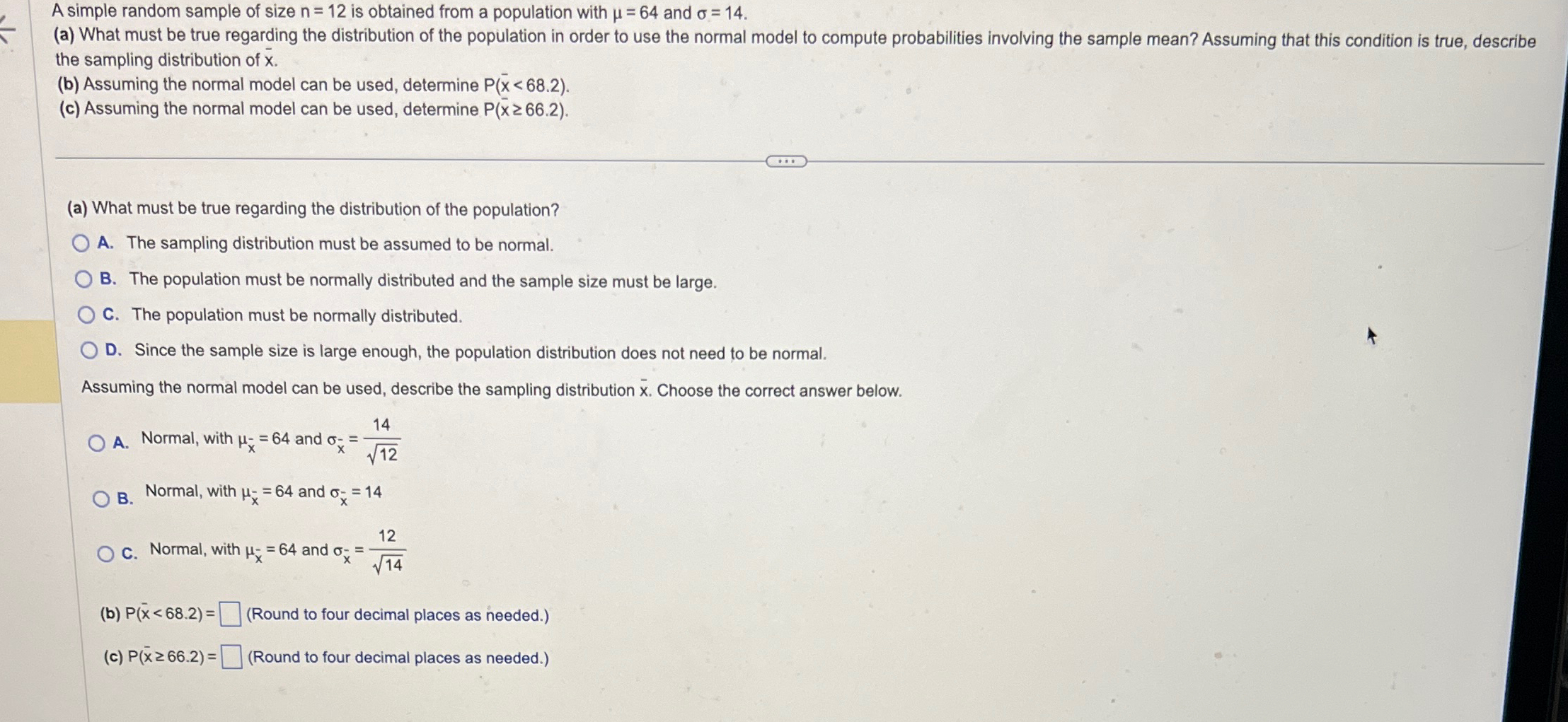 Solved A simple random sample of size n=12 ﻿is obtained from | Chegg.com