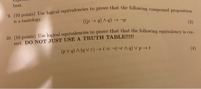 Solved 9. (10 points) Use logical equivalencies to prove | Chegg.com