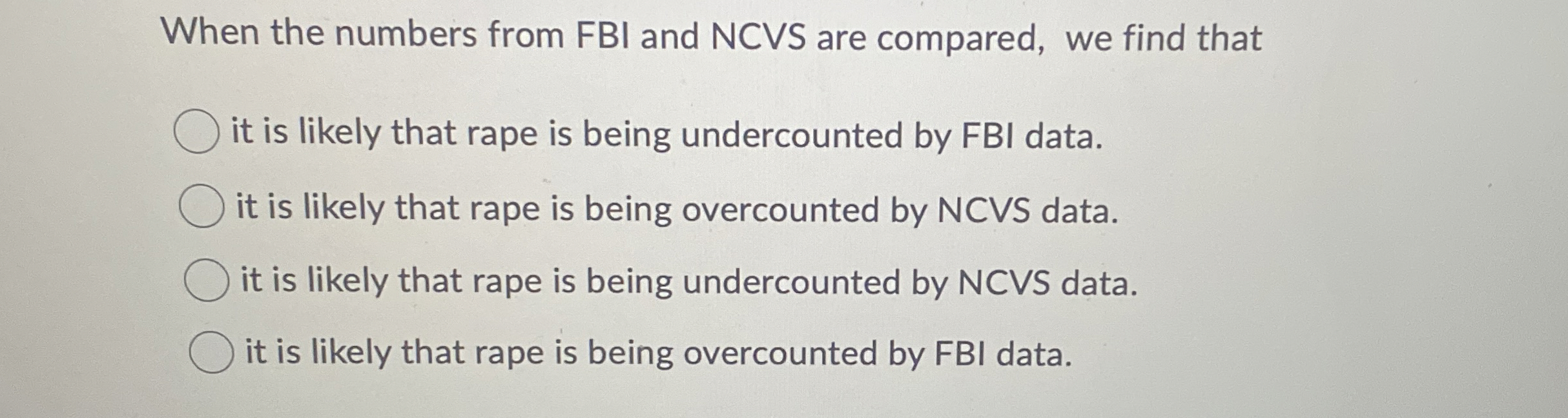Solved When the numbers from FBI and NCVS are compared, we | Chegg.com