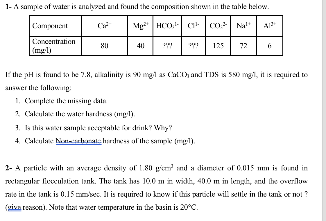 1- ﻿A sample of water is analyzed and found the | Chegg.com