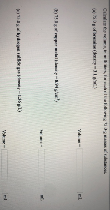 Solved Calculate the volume, in milliliters, for each of the | Chegg.com