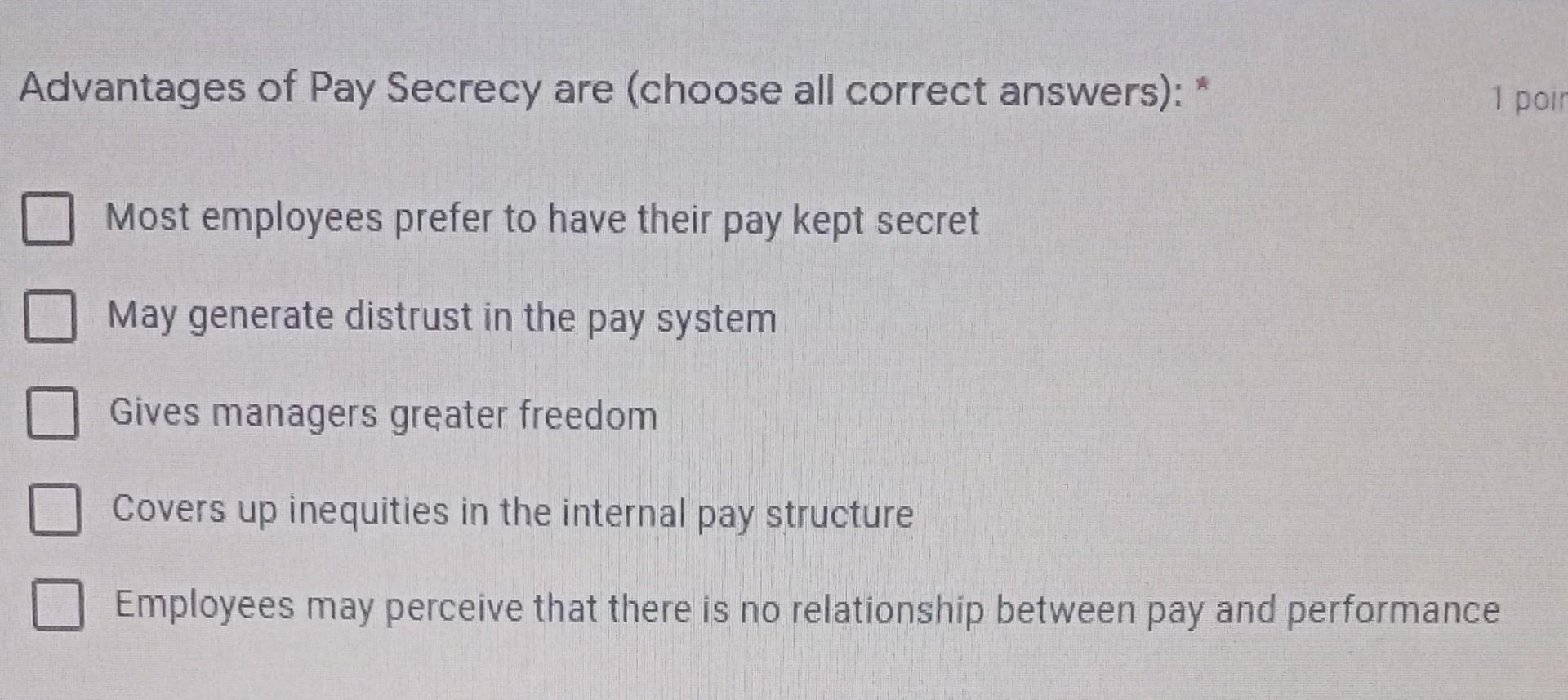 Solved Advantages of Pay Secrecy are (choose all correct | Chegg.com