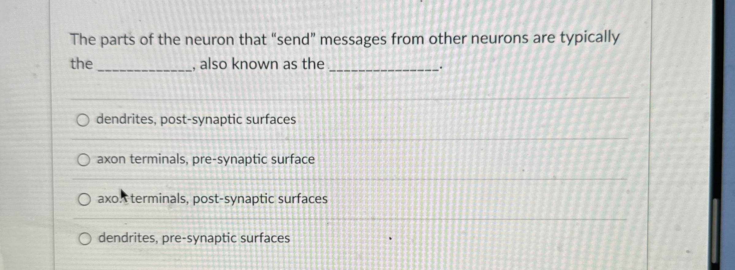 Solved The parts of the neuron that "send" messages from | Chegg.com