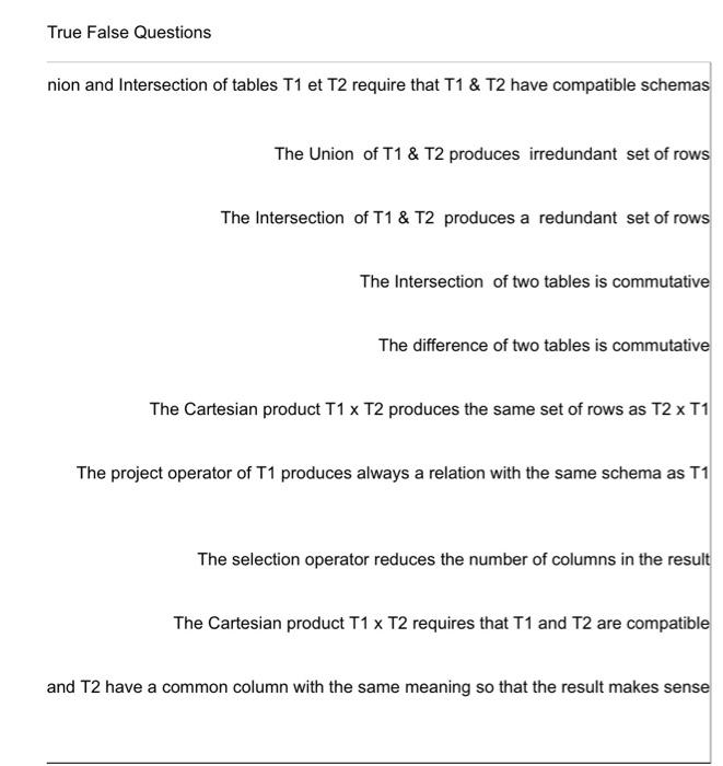 Solved True False Questions nion and Intersection of tables | Chegg.com