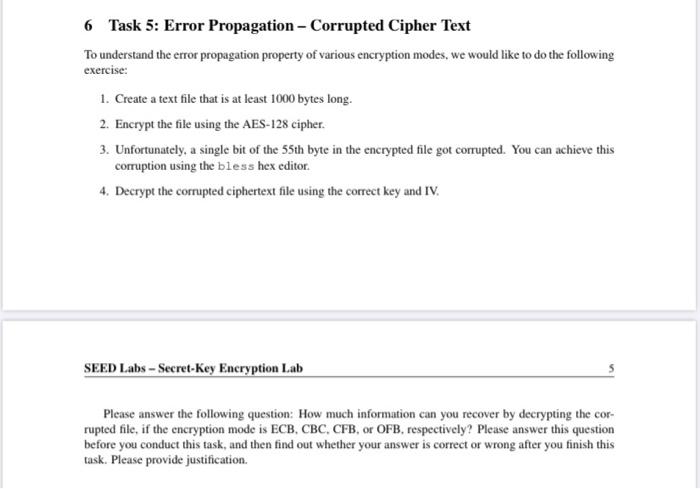 Solved 6 Task 5: Error Propagation - Corrupted Cipher Text | Chegg.com