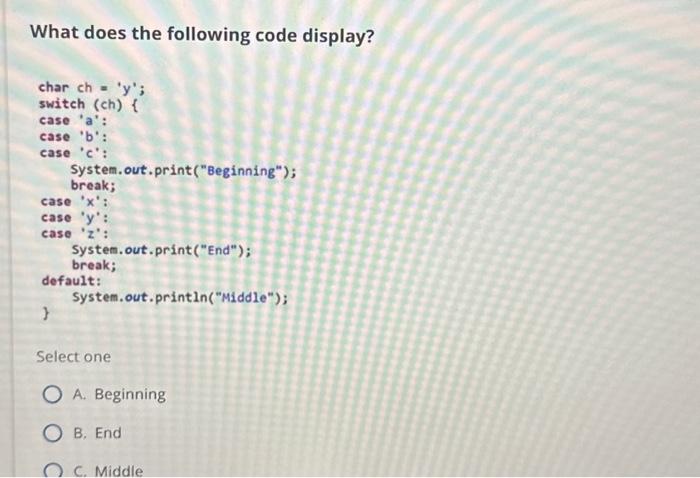 Solved What does the following code display? char ch = 'y'; | Chegg.com