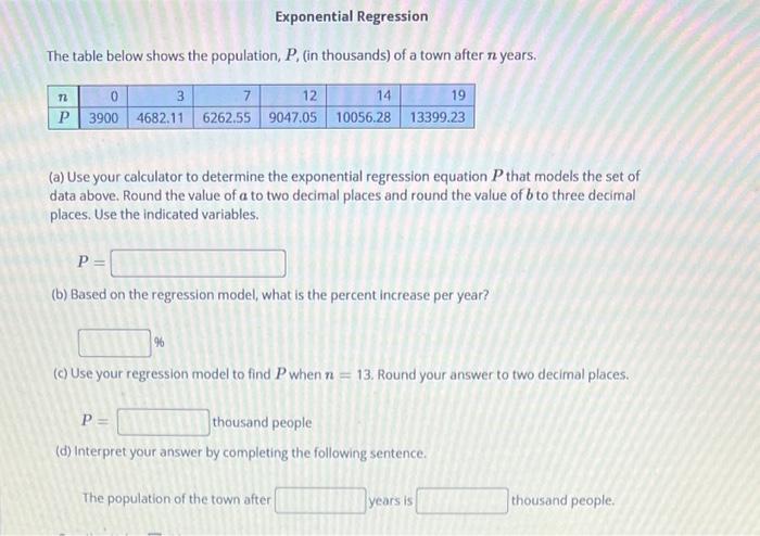 Solved Exponential Regression The table below shows the | Chegg.com