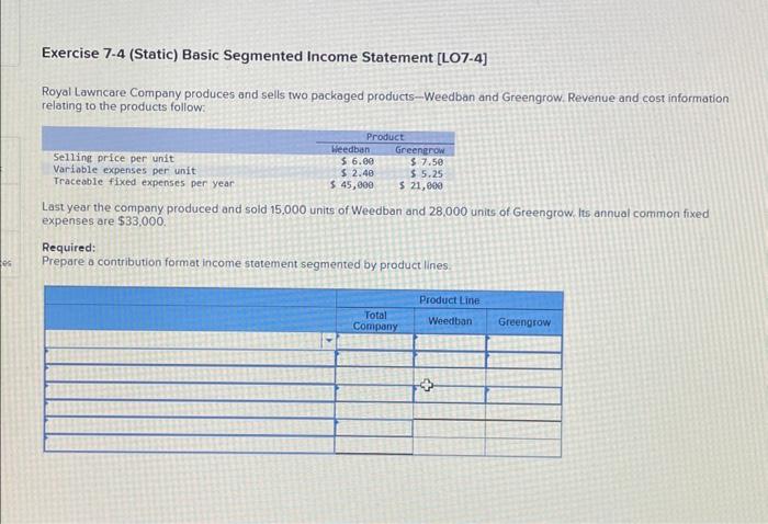 Solved Exercise 7-4 (Static) Basic Segmented Income | Chegg.com