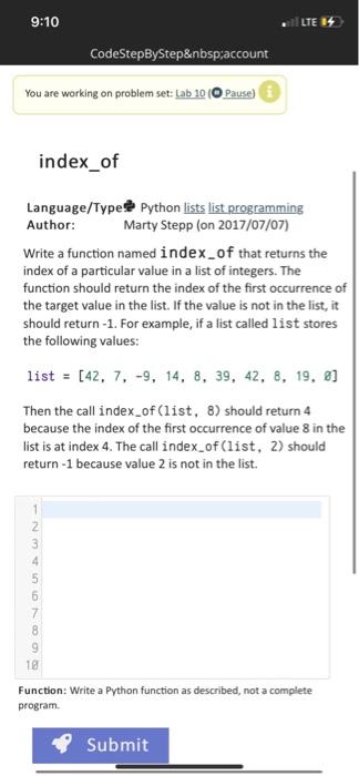 Solved 9:10 LUE! CodeStepByStep account You are working on | Chegg.com
