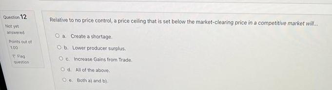 Solved Question 12 Relative to no price control, a price | Chegg.com