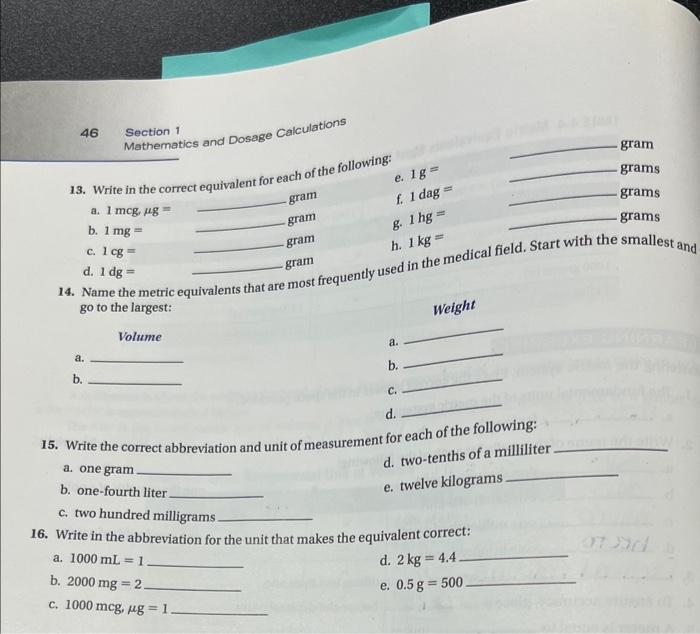 Solved 13. Write in the correct equivalent for each of the | Chegg.com
