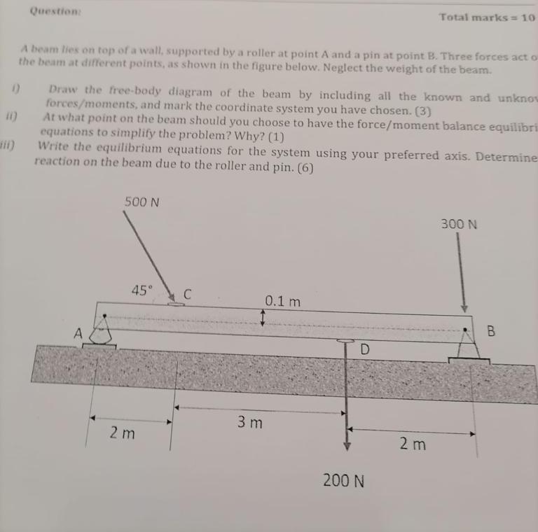 Solved A beam lies on top of a wall, supported by a roller | Chegg.com