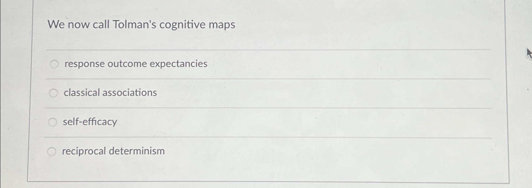 Solved We now call Tolman's cognitive mapsresponse outcome | Chegg.com