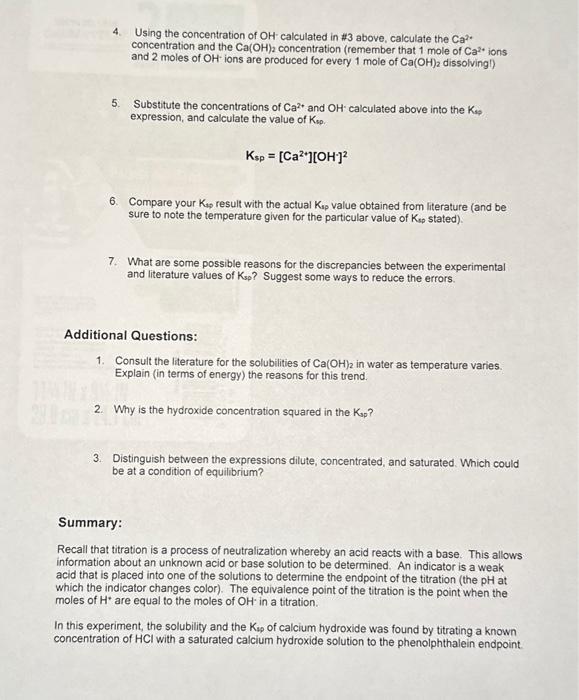 The Ksp of Calcium Hydroxide by Titration of HCl | Chegg.com