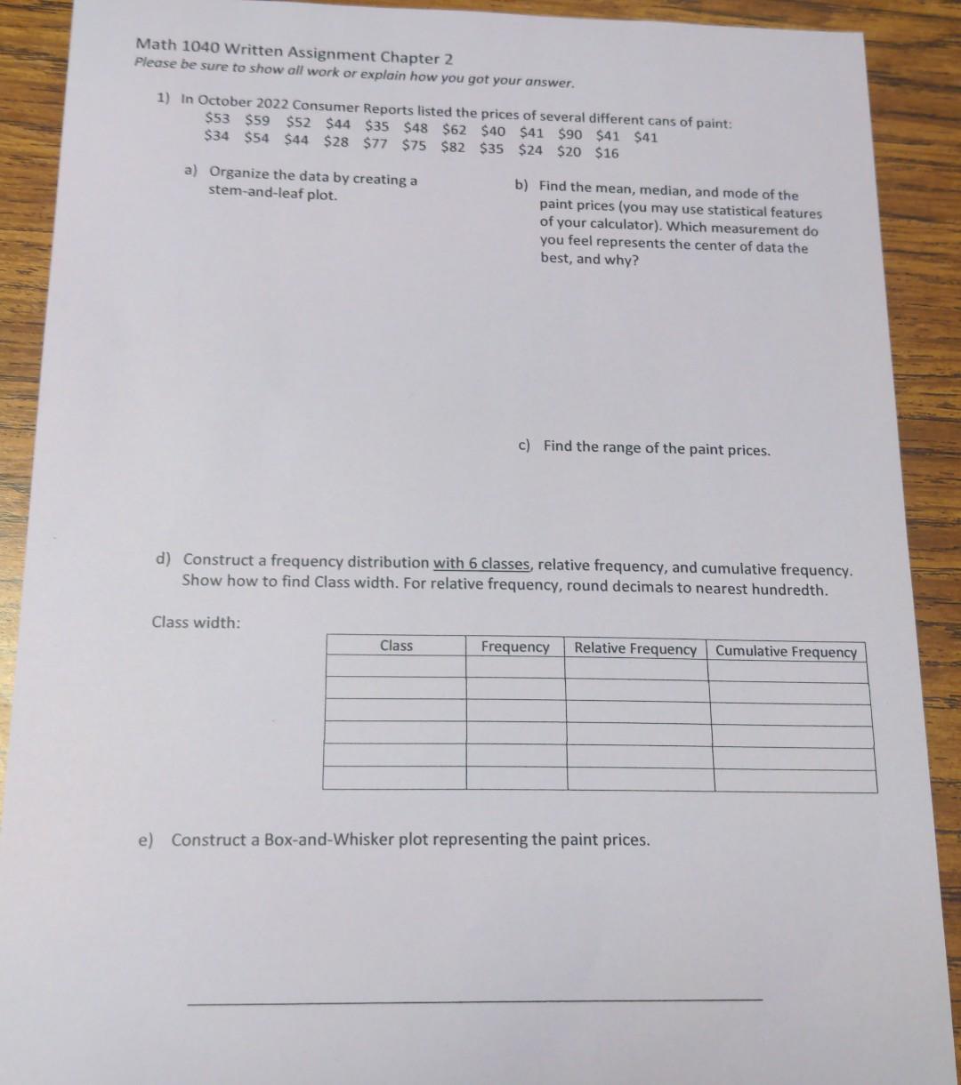 Solved Math 1040 Written Assignment Chapter 2 Please be sure | Chegg.com