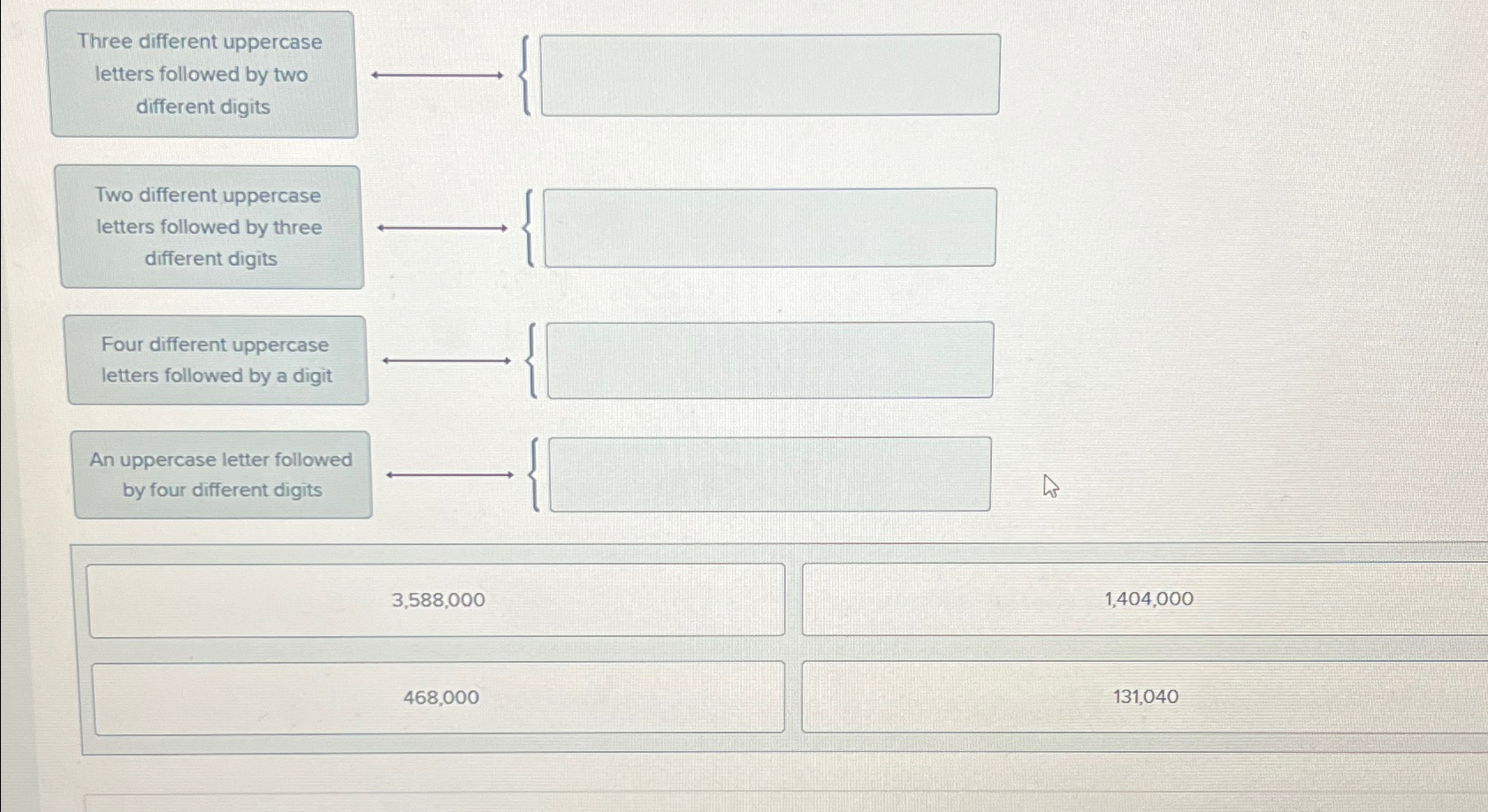 Solved Three different uppercase letters followed by two | Chegg.com