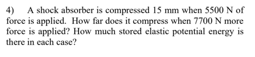 Solved 4) A shock absorber is compressed 15 mm when 5500 N | Chegg.com