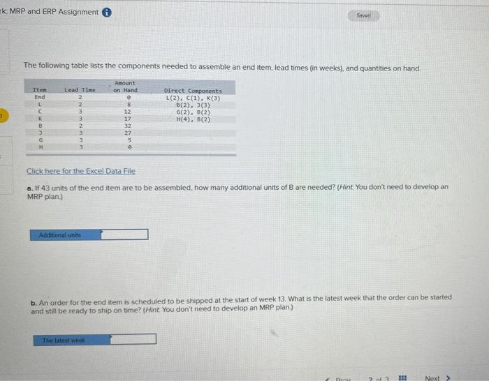 Solved k: MRP and ERP Assignment i The following table lists | Chegg.com