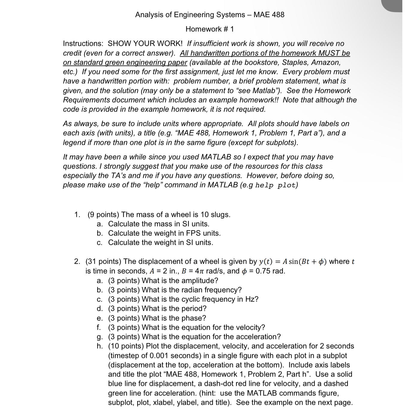 Solved Analysis of Engineering Systems - ﻿MAE 488Homework # | Chegg.com