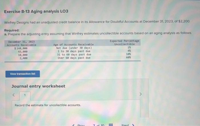 Solved Exercise 8-13 Aging analysis LO3 Winfrey Designs had | Chegg.com