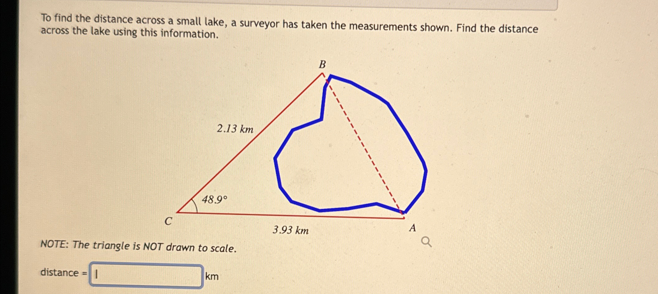 Solved To find the distance across a small lake, a surveyor | Chegg.com
