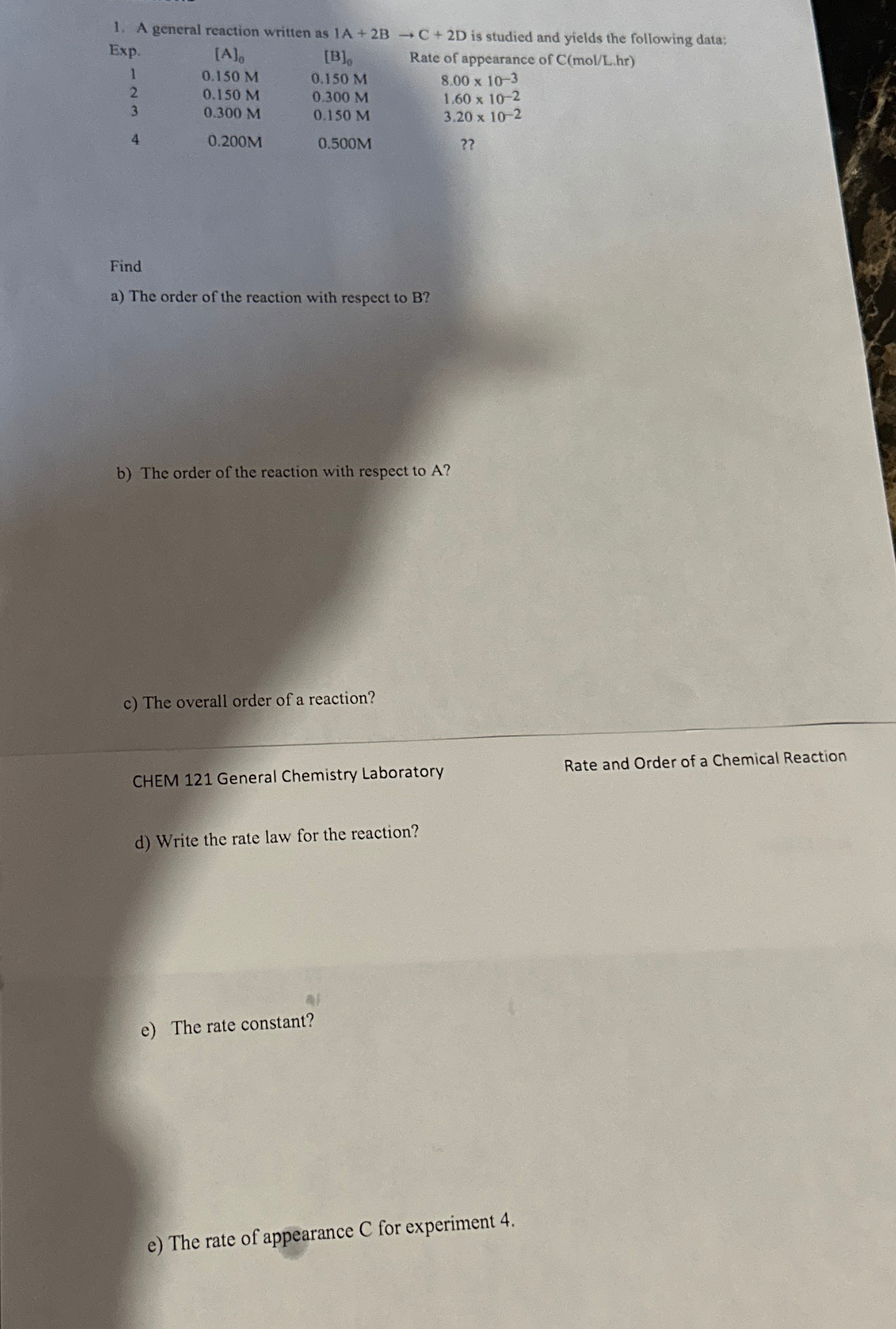 Solved A general reaction written as 1A+2B→C+2D ﻿is studied | Chegg.com