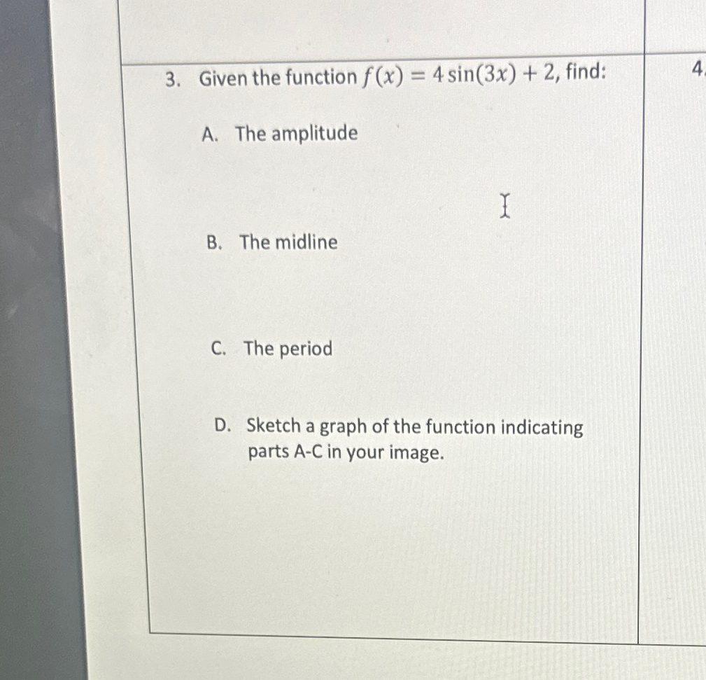 Solved Given the function f(x)=4sin(3x)+2, ﻿find:A. ﻿The | Chegg.com