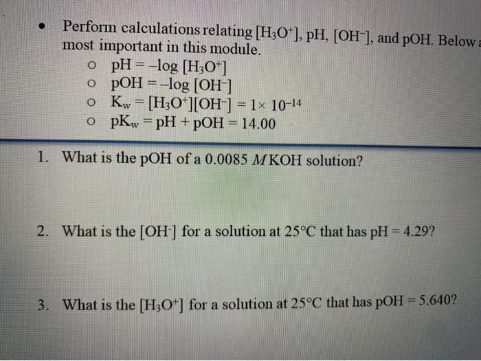Solved . Perform calculations relating [H3O+], pH, [OH-], | Chegg.com
