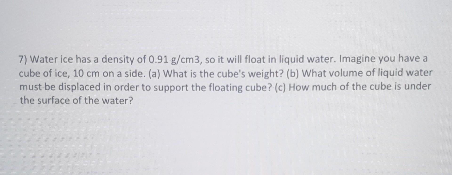 Solved 7) Water ice has a density of 0.91 g/cm3, so it will | Chegg.com