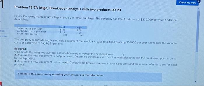 Solved Check my work Problem 18-7A (Algo) Break-even | Chegg.com