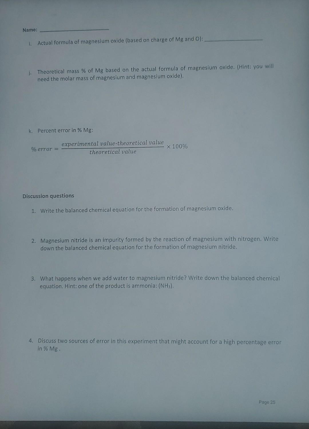Solved Name: Data Table: Table 1. Mass data for magnesium | Chegg.com