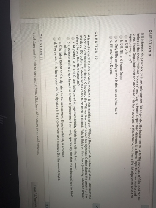 Solved QUESTION 9 Bill Indorsed his paycheck by blank | Chegg.com