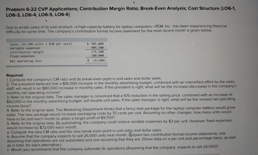 Solved Problem 6-22 CVP Applications; Contribution Margin | Chegg.com