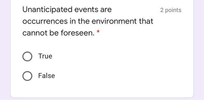 Solved 2 points Unanticipated events are occurrences in the | Chegg.com