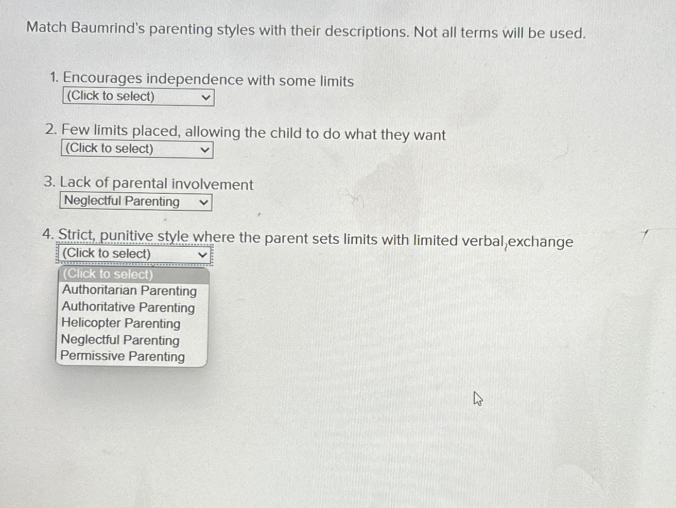 Solved Match Baumrind's parenting styles with their | Chegg.com