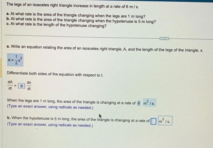 Solved The legs of an isosceles right triangle increase in | Chegg.com