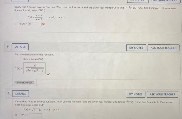Solved Verify that f has an inverse function. Then use the | Chegg.com