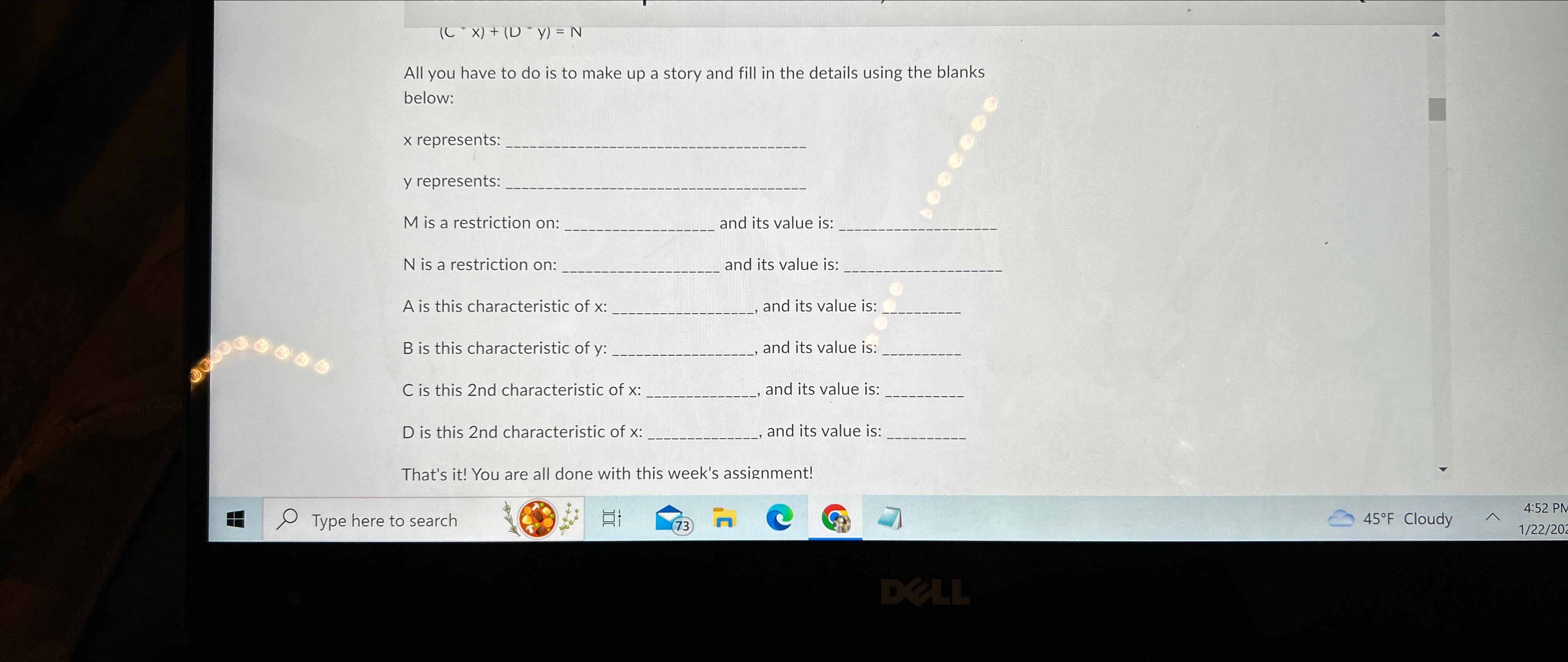 (C+x)+(D+y)=NAll you have to do is to make up a story | Chegg.com