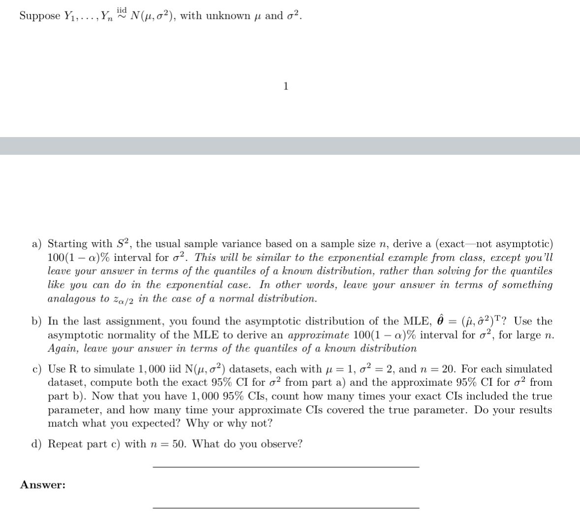 Solved Suppose Y1,dots,Yn∼ iid N(μ,σ2), ﻿with unknown μ ﻿and | Chegg.com